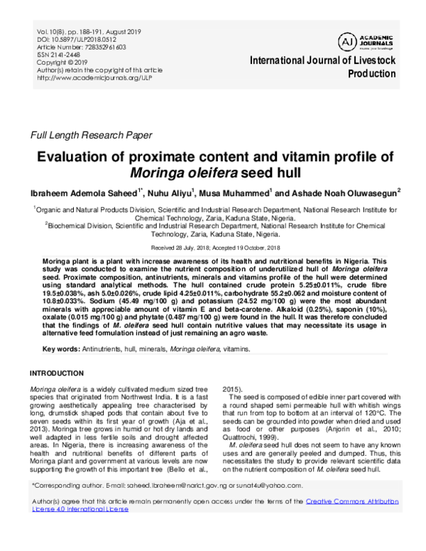 (PDF) Evaluation of proximate content and vitamin profile of Moringa oleifera seed hull