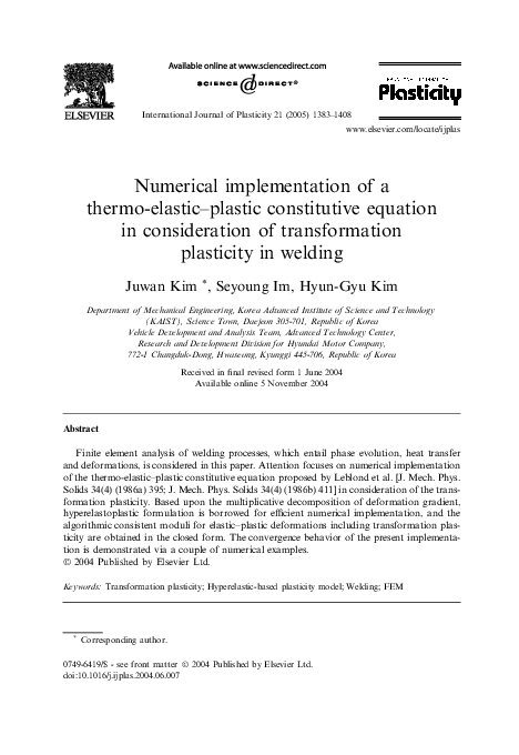 (PDF) Numerical implementation of a thermo-elastic?plastic constitutive equation in ...
