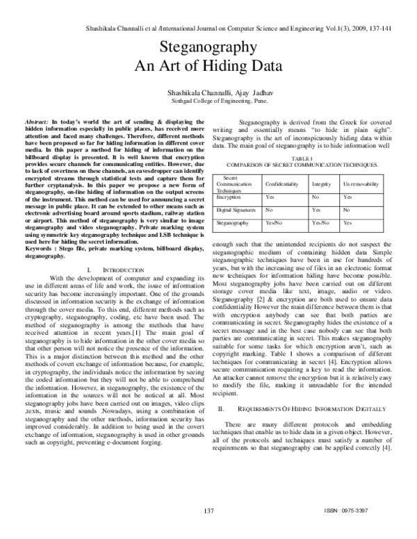 (PDF) Steganography An Art of Hiding Data