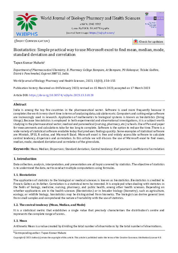 Pdf Biostatistics Simple Practical Way To Use Microsoft Excel To