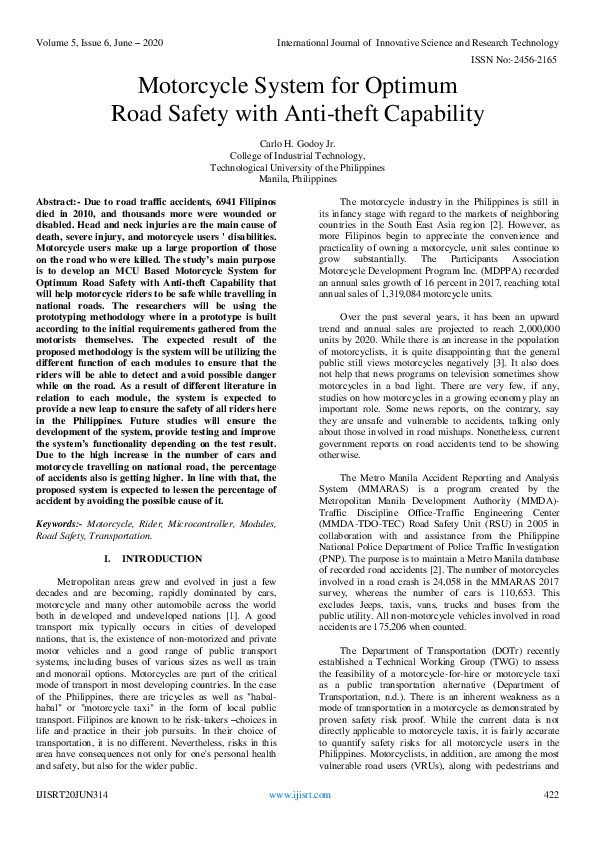 (PDF) Motorcycle System for Optimum Road Safety with Anti-theft Capability