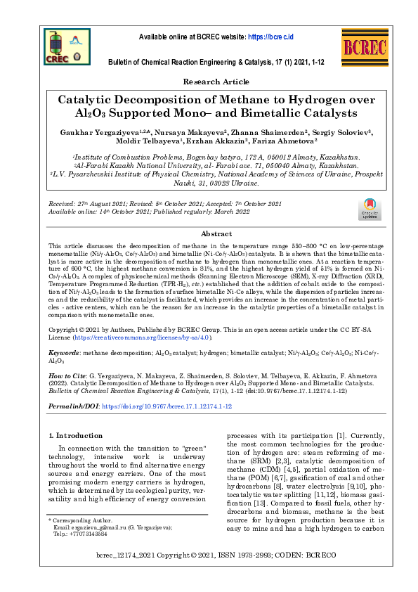 (PDF) Catalytic Decomposition of Methane to Hydrogen over Al2O3 ...
