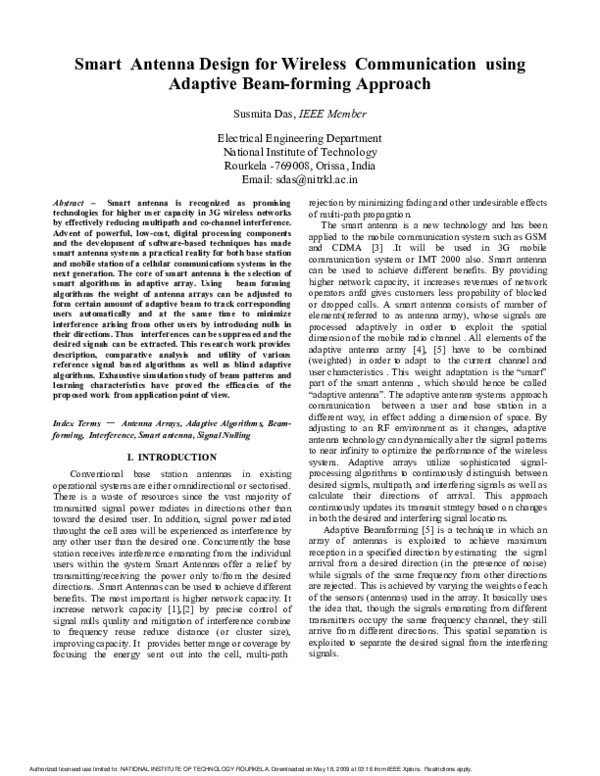 (PDF) Smart antenna design for wireless communication using adaptive beam-forming approach