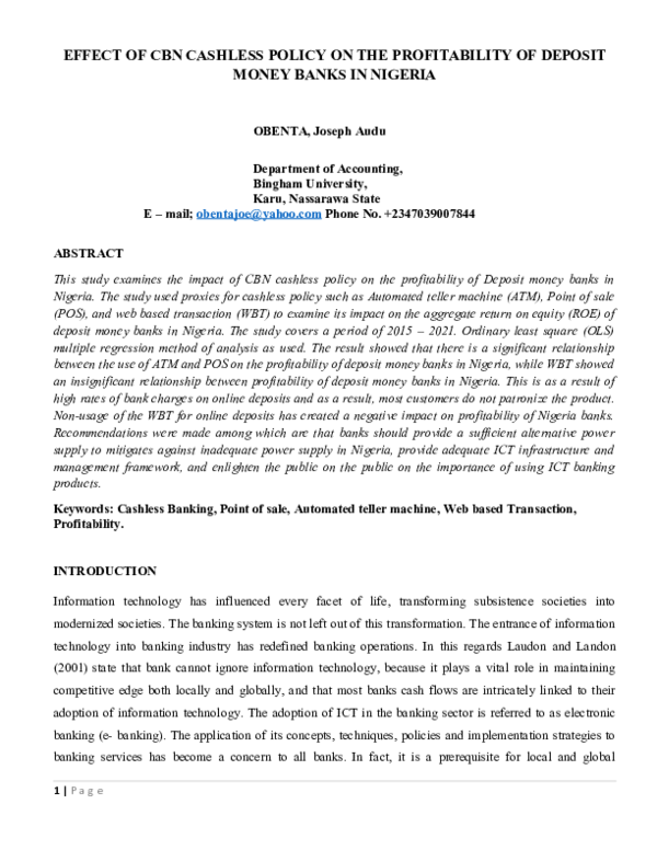 (DOC) EFFECT OF CBN CASHLESS POLICY ON THE PROFITABILITY OF DEPOSIT ...