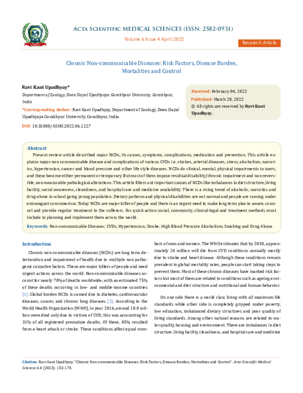 (PDF) Chronic Non-communicable Diseases: Risk Factors, Disease Burden ...