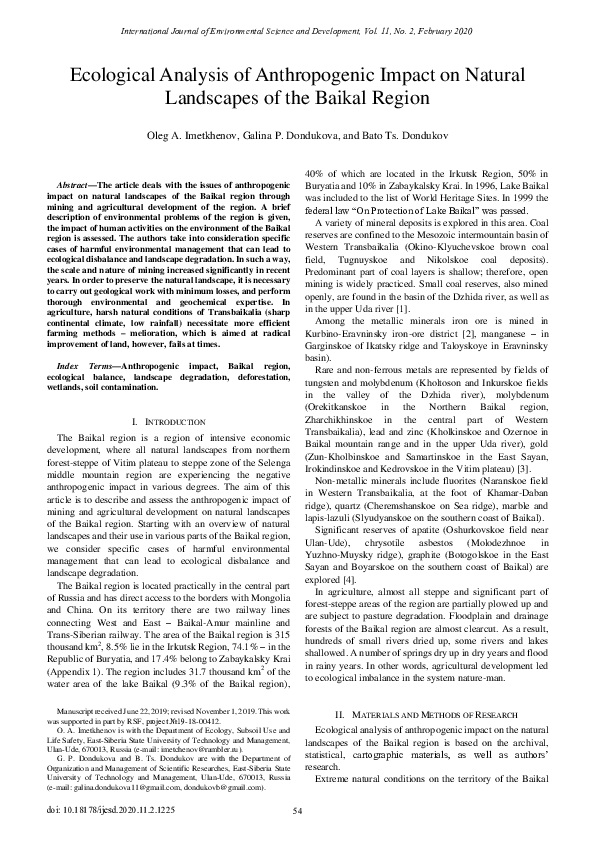(PDF) Ecological Analysis of Anthropogenic Impact on Natural Landscapes of the Baikal Region