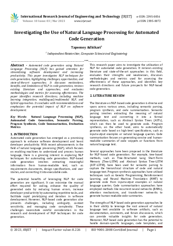 (DOC) Investigating the Use of Natural Language Processing for Automated Code Generation