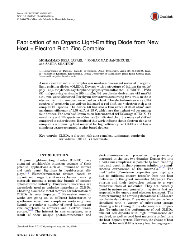 (PDF) Fabrication of an Organic Light-Emitting Diode from New Host π ...