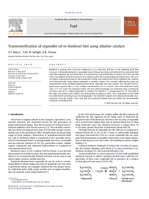 (PDF) Transesterification of Vegetable Oil to Biodiesel using a ...