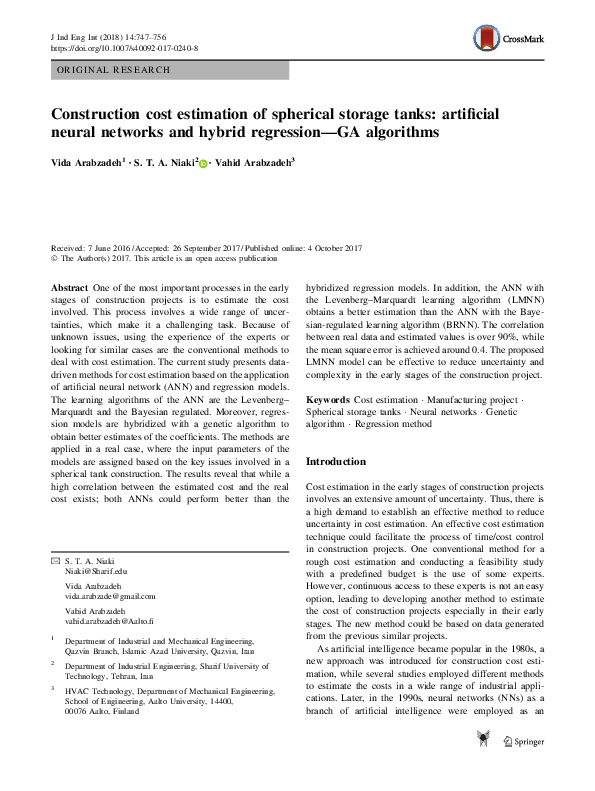 (PDF) Construction cost estimation of spherical storage tanks: artificial neural networks and ...