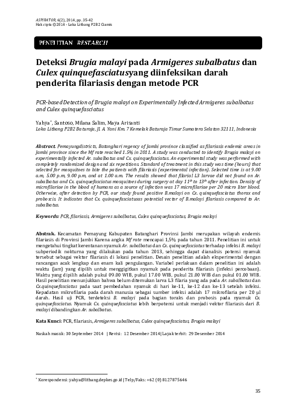 (PDF) Deteksi Brugia malayi pada Armigeres subalbatus dan Culex ...
