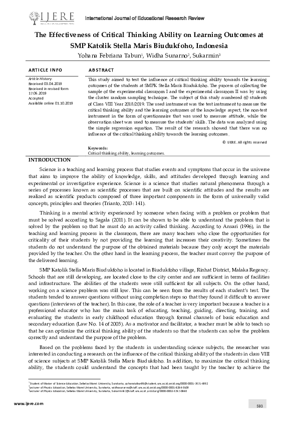 (PDF) The Effectiveness of Critical Thinking Ability on Learning Outcomes at SMP Katolik Stella ...
