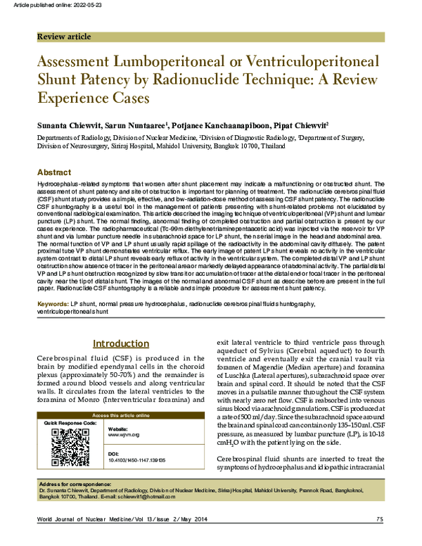 (PDF) Assessment Lumboperitoneal or Ventriculoperitoneal Shunt Patency by Radionuclide Technique ...