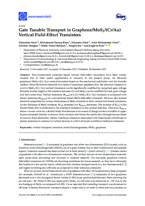 Pdf Gate Tunable Transport In Graphene Mos₂ Cr Au Vertical Field Effect Transistors Faiq