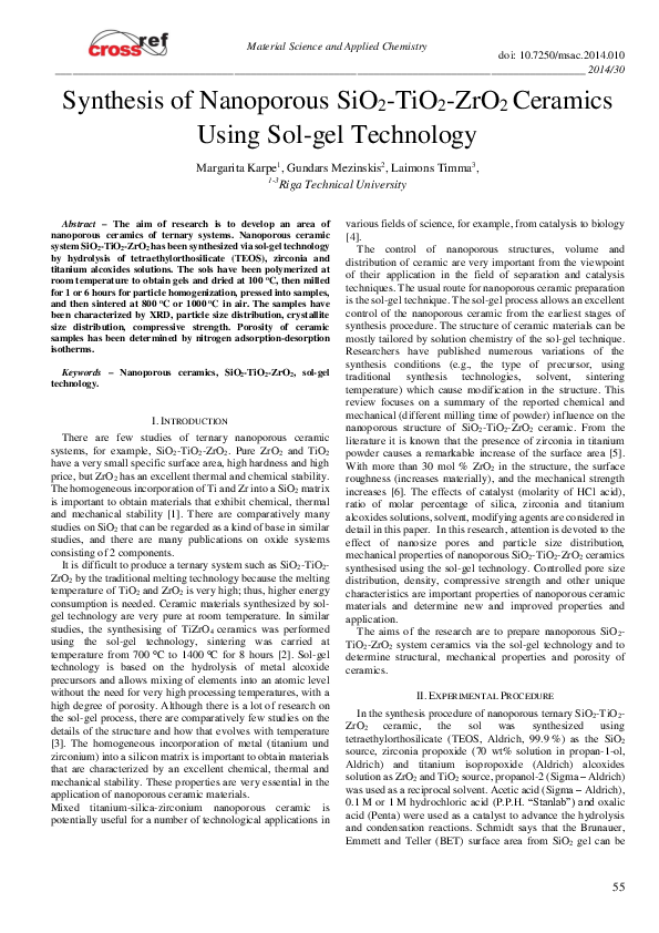 (PDF) Synthesis of Nanoporous SiO2-TiO2-ZrO2 Ceramics Using Sol-gel Technology