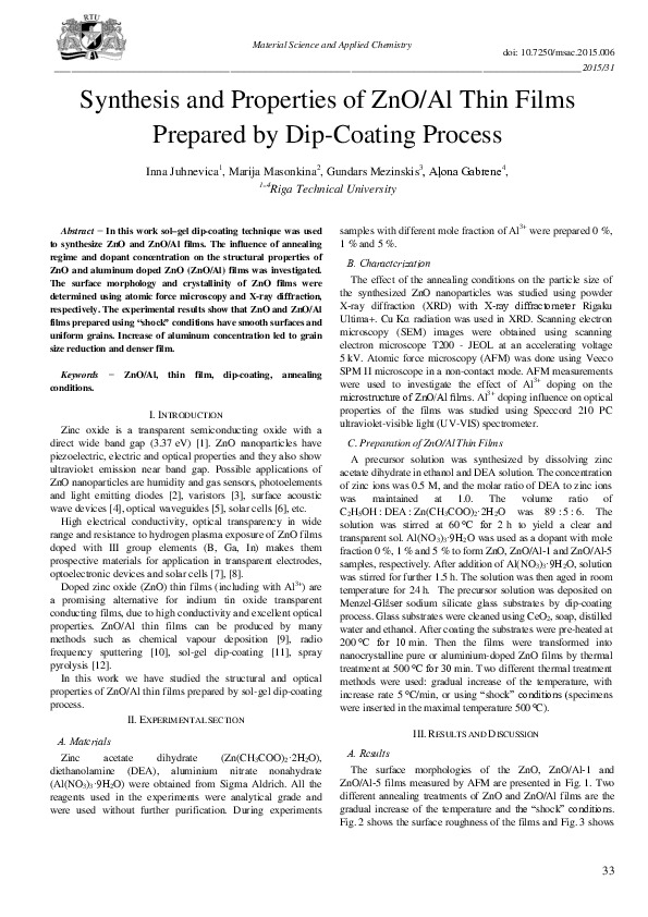 (PDF) Synthesis and Properties of ZnO/Al Thin Films Prepared by Dip-Coating Process