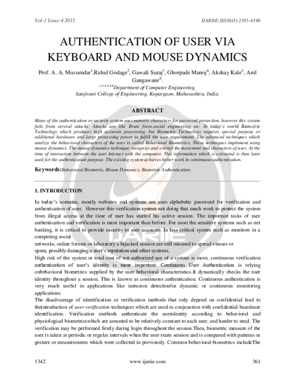 (PDF) Authentication of User via Keyboard and Mouse Dynamics