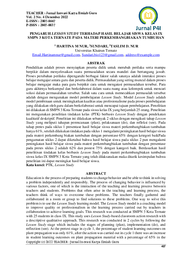 (PDF) Pengaruh Lesson Study Terhadap Hasil Belajar Siswa Kelas IX SMPN ...