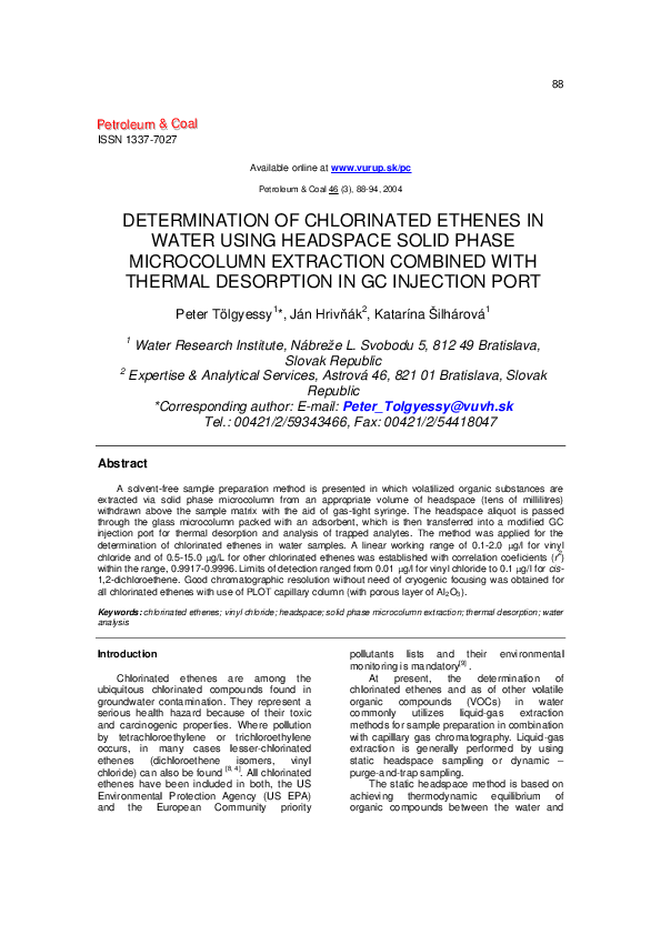 (PDF) Determination of Chlorinated Ethenes in Water Using Headspace ...