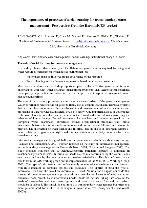(PDF) The importance of processes of social learning for transboundary ...