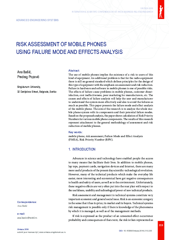 (PDF) Risk Assessment of Mobile Phones Using Failure Mode and Effect ...
