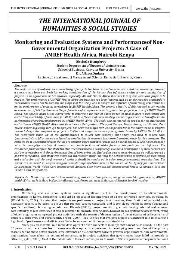 (PDF) Monitoring and Evaluation Systems and Performanceof Non-Governmental Organization Projects ...