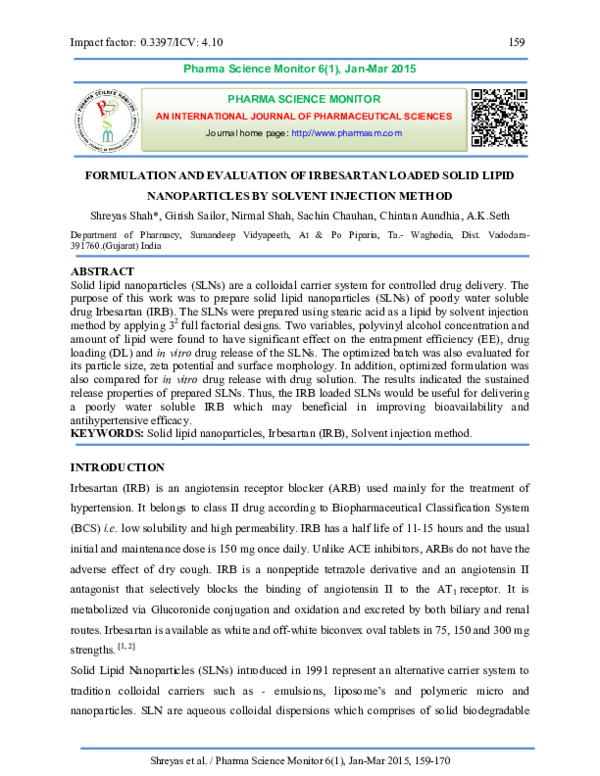 Pdf Formulation And Evaluation Of Irbesartan Loaded Solid Lipid Nanoparticles By Solvent