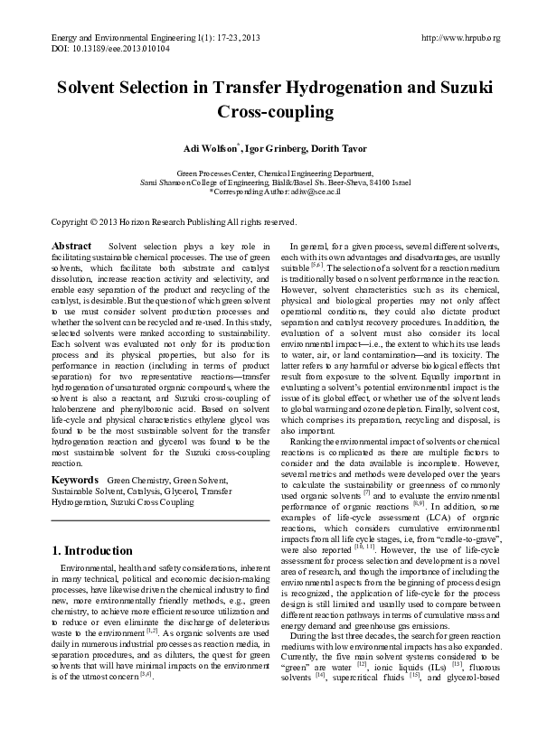 (PDF) Solvent Selection in Transfer Hydrogenation and Suzuki Cross-coupling