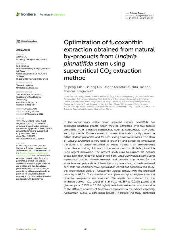 (PDF) Optimization of fucoxanthin extraction obtained from natural by-products from Undaria ...