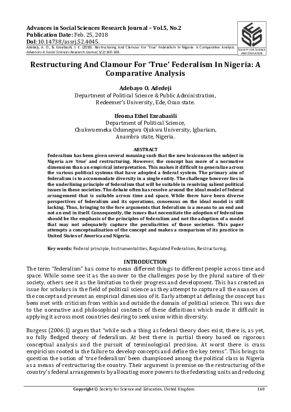 (PDF) Restructuring And Clamour For True Federalism In Nigeria: A Comparative Analysis