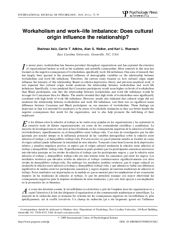 (PDF) Workaholism and work–life imbalance: Does cultural origin ...