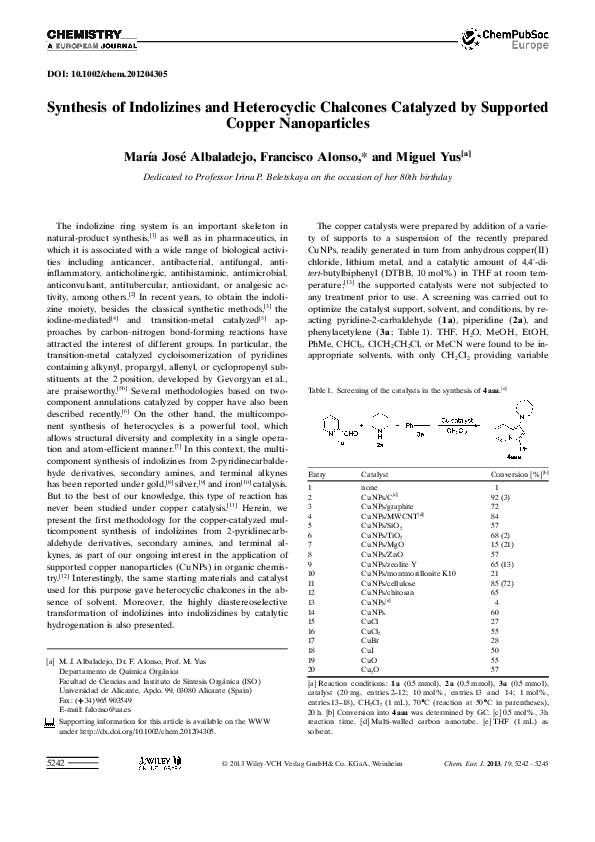 (PDF) Synthesis of Indolizines and Heterocyclic Chalcones Catalyzed by ...