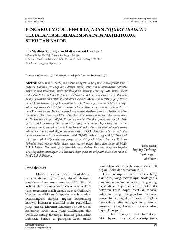 (PDF) Pengaruh Model Pembelajaran Inquiry Training Terhadap Hasil Belajar Siswa Pada Materi ...