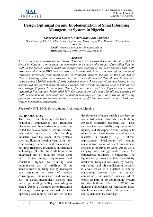 (PDF) Design Optimization and Implementation of Smart Building Management System in Nigeria