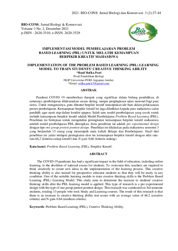 (PDF) Implementasi Model Pembelajaran Problem Based Learning (PBL) untuk Melatih Kemampuan ...