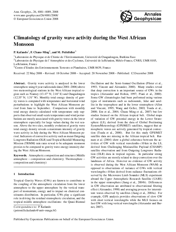 (PDF) Climatology of gravity wave activity during the West African Monsoon
