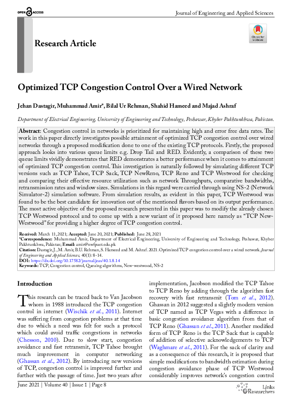 Pdf Optimized Tcp Congestion Control Over A Wired Network
