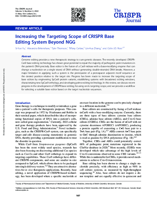 (PDF) Increasing the Targeting Scope of CRISPR Base Editing System Beyond NGG