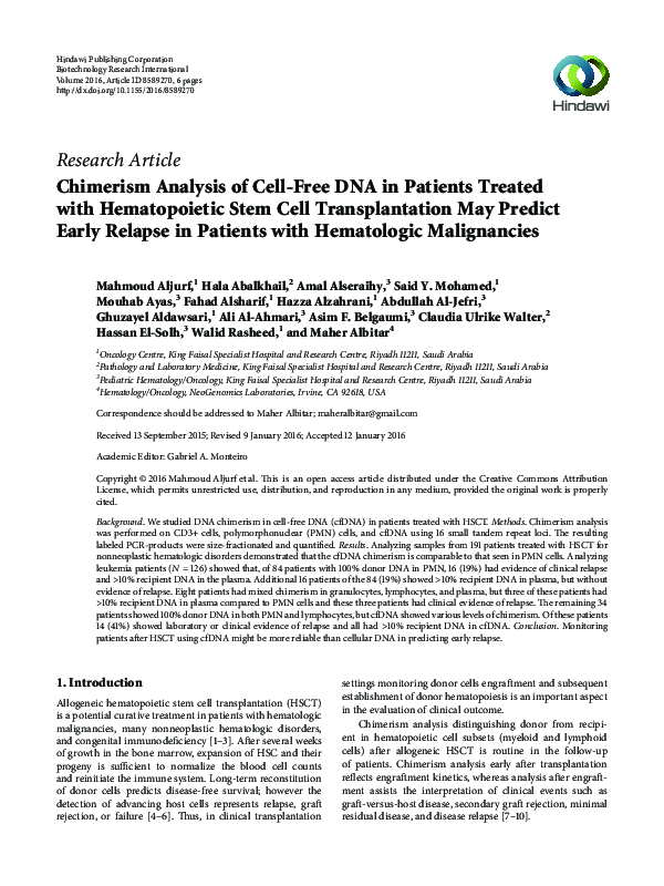 (PDF) Chimerism Analysis of Cell-Free DNA in Patients Treated with ...