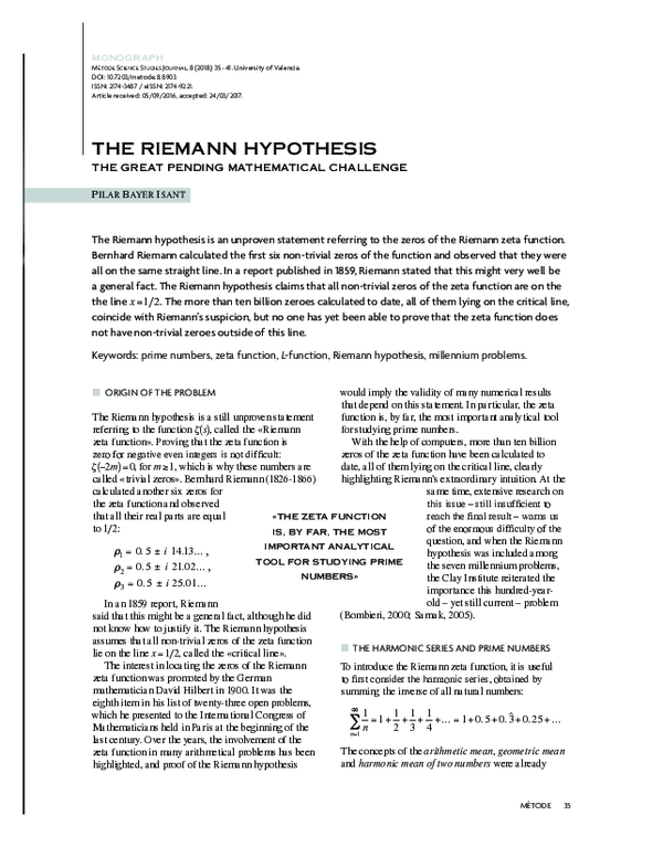 (PDF) The Riemann hypothesis: The great pending challenge