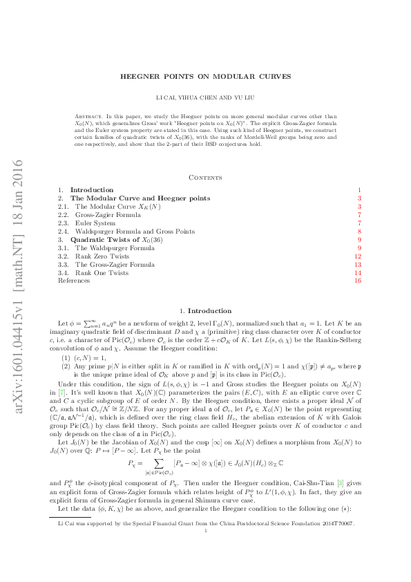 (PDF) Heegner points on modular curves