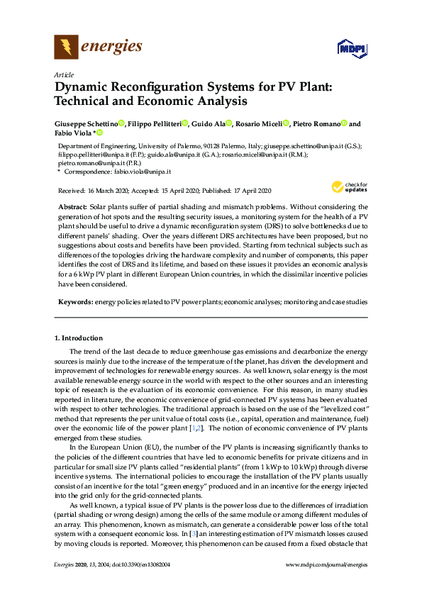 Pdf Dynamic Reconfiguration Systems For Pv Plant Technical And Economic Analysis
