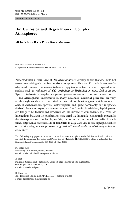 (PDF) Hot Corrosion and Degradation in Complex Atmospheres