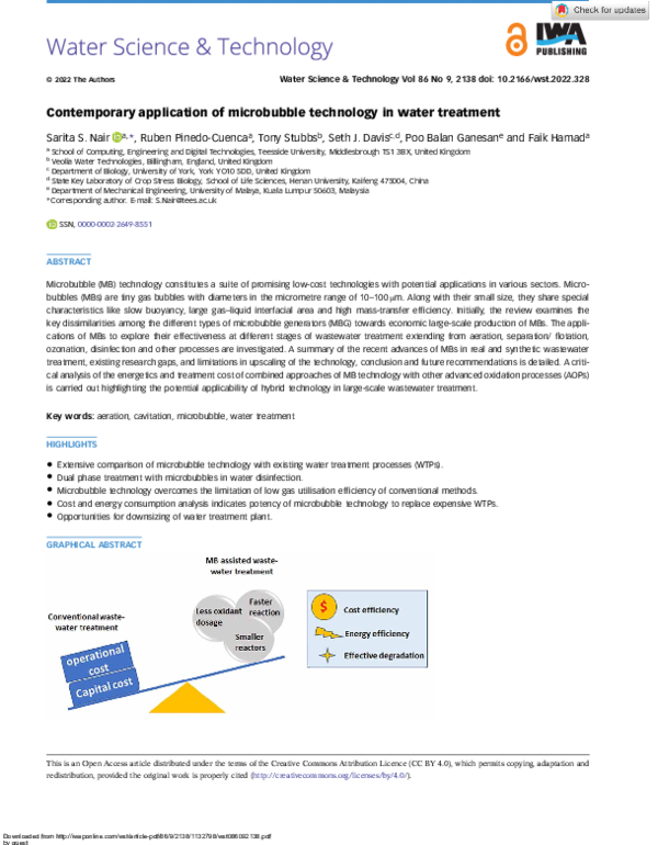 (PDF) Contemporary application of microbubble technology in water treatment