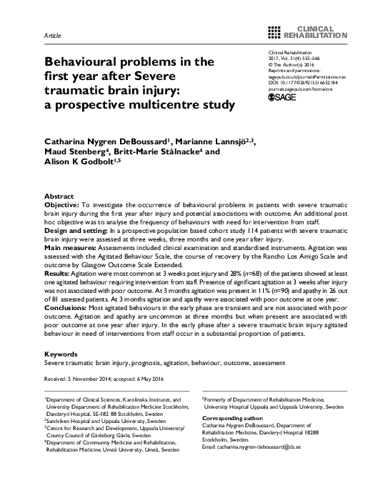 (PDF) Behavioural problems in the first year after Severe traumatic ...