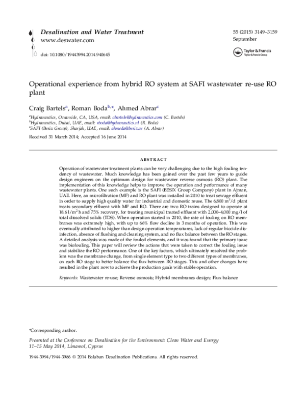 (PDF) Operational experience from hybrid RO system at SAFI wastewater ...