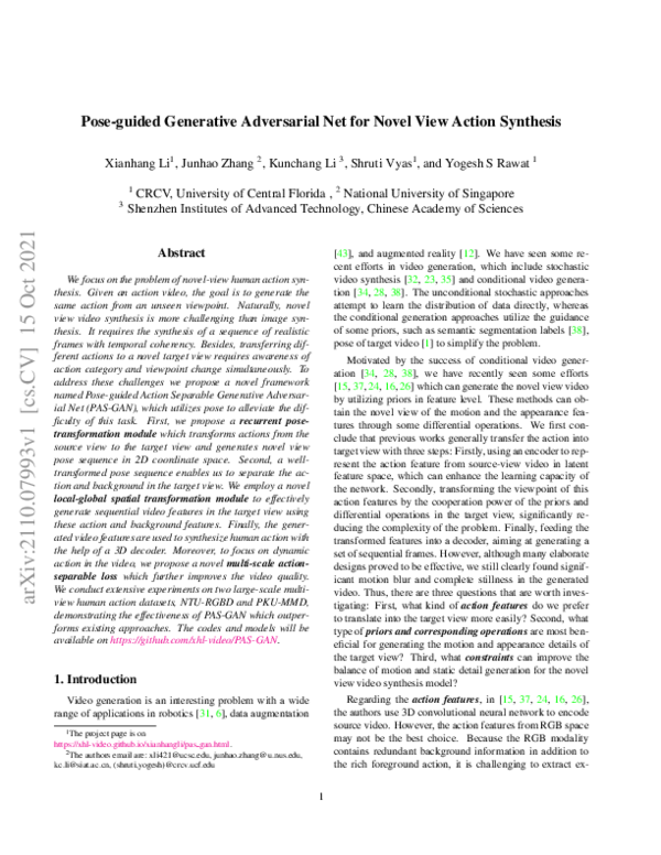 (PDF) Pose-guided Generative Adversarial Net for Novel View Action Synthesis