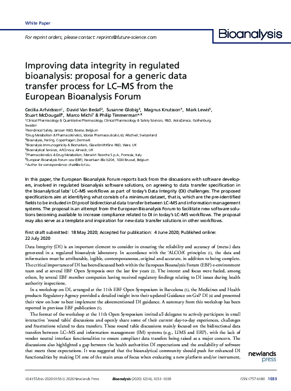 (PDF) Improving data integrity in regulated bioanalysis: proposal for a generic data transfer ...