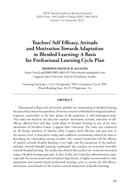 (PDF) Teachers’ Self Efficacy, Attitude and Motivation Towards Adaptation to Blended Learning: A ...