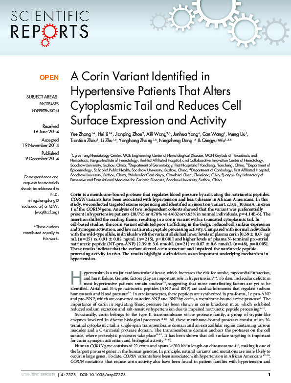 (PDF) A corin variant identified in hypertensive patients that alters ...
